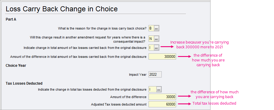 Loss Carry Back Change in Choice (cic) — (Amended Company returns only)