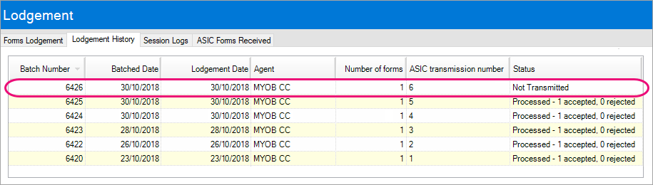 Forms not sent to ASIC appear with as "Not Transmitted" in the ...