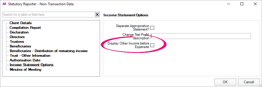 Accounts appear under both Income and Other Income in the Income Statement