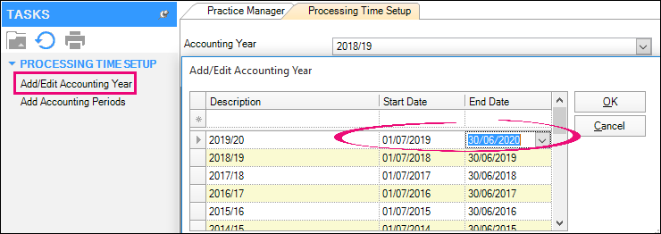 Editing and deleting accounting years and periods
