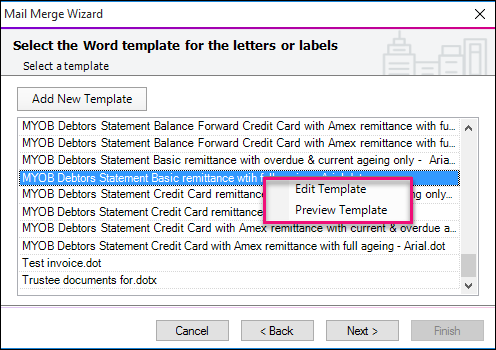 Editing a Mail Merge document template
