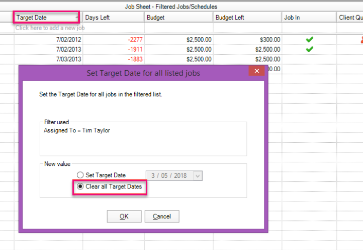 Set or remove the target date for a job