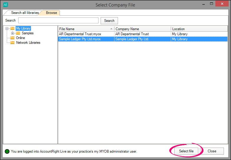 Configuring an MYOB Business/AccountRight/MYOB Essentials (new) file