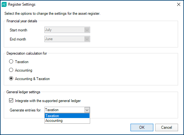 Configuring the asset register settings