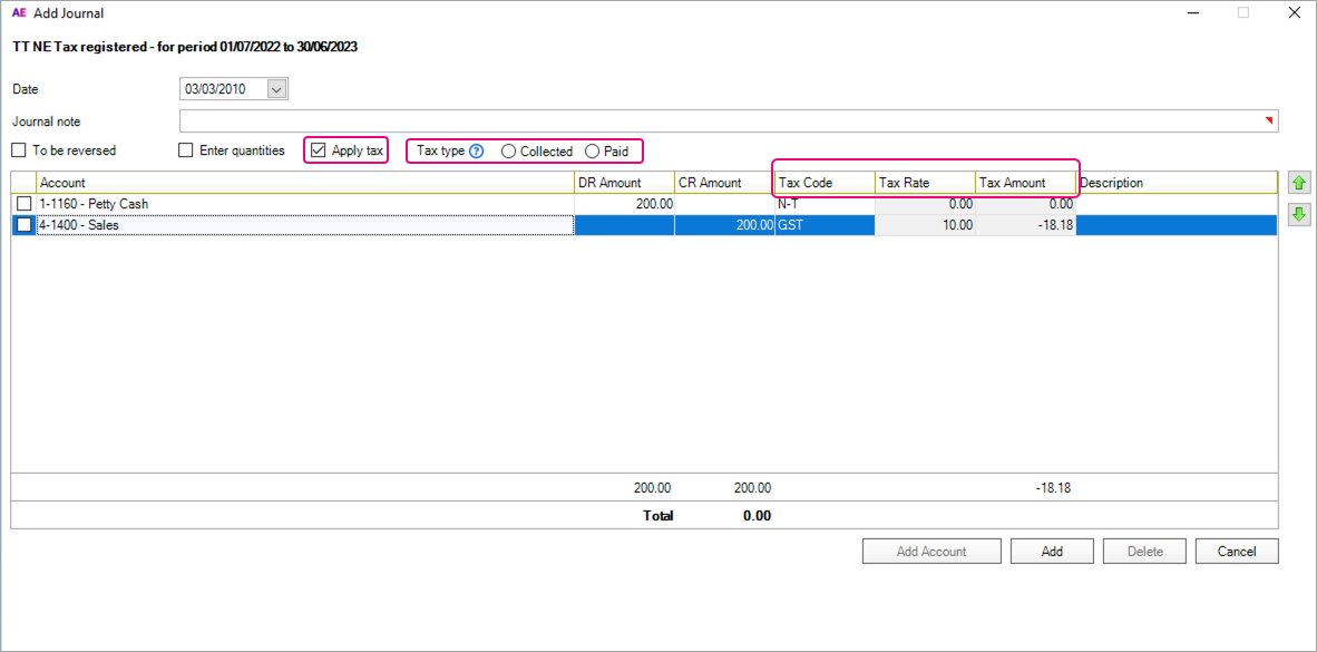 Posting journals with a tax code