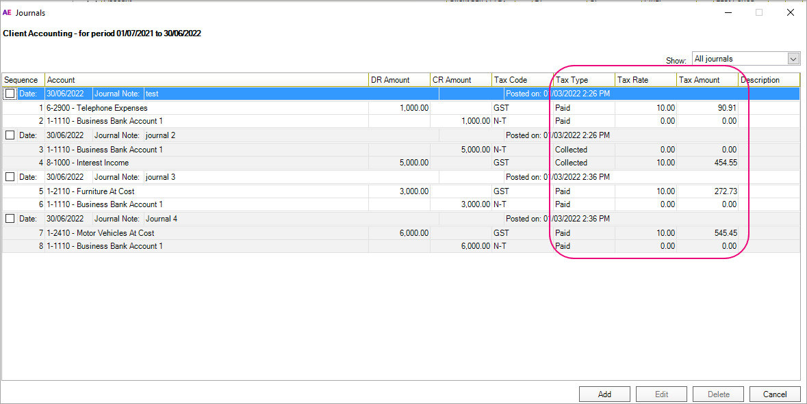 Posting journals with a tax code