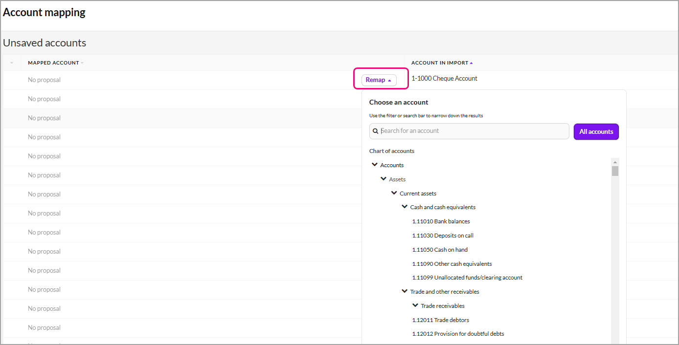 Mapping chart of accounts